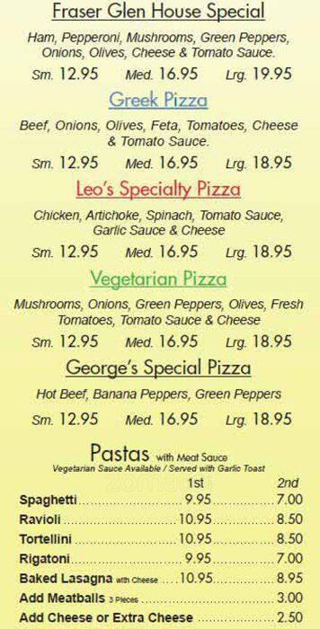 Menu at Fraser Glen Pizza, Surrey, 102-16814 104th Avenue