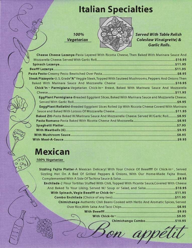 Menu at Sara's pizzeria, Hollywood