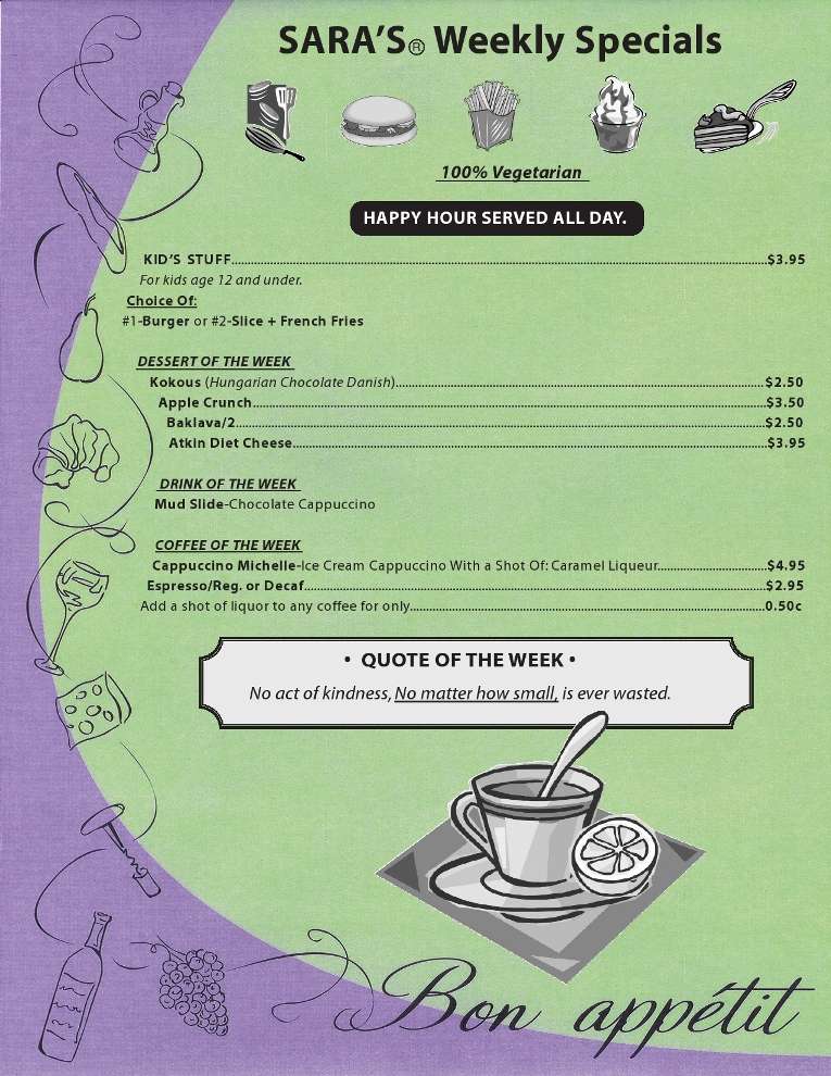 Menu at Sara's pizzeria, Hollywood