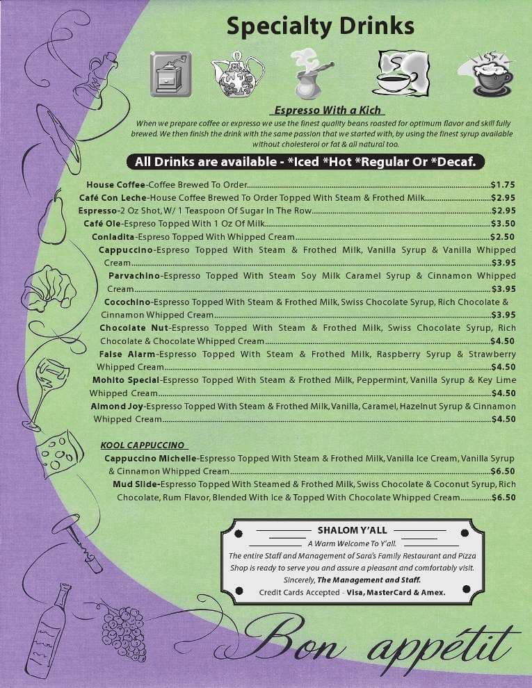 Menu at Sara's pizzeria, Hollywood