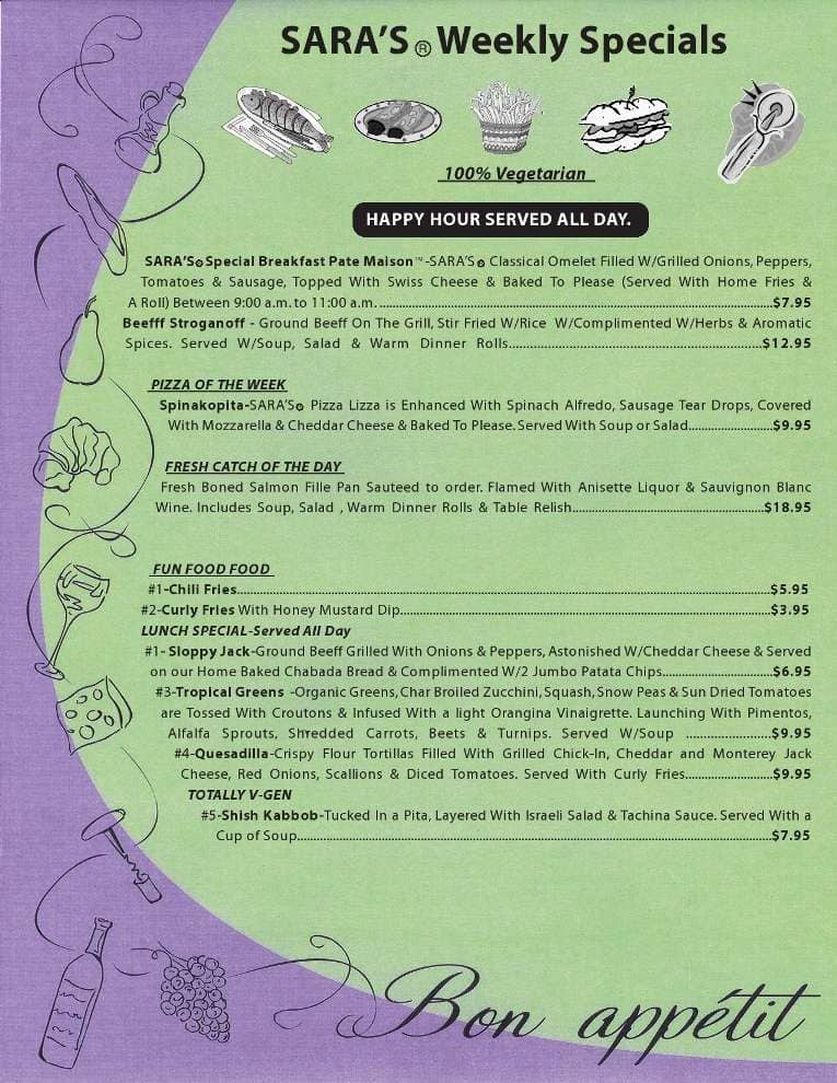 Menu at Sara's pizzeria, Hollywood