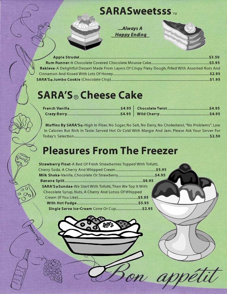 Menu at Sara's pizzeria, Hollywood