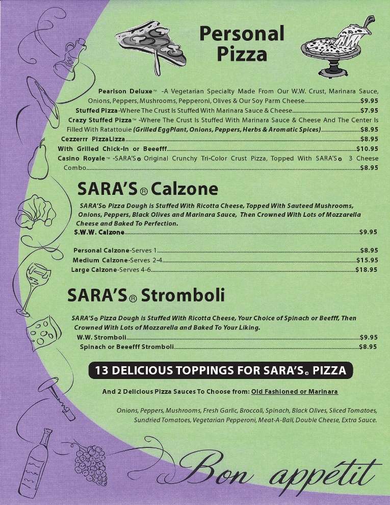Menu at Sara's pizzeria, Hollywood