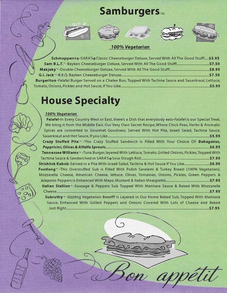 Menu at Sara's pizzeria, Hollywood