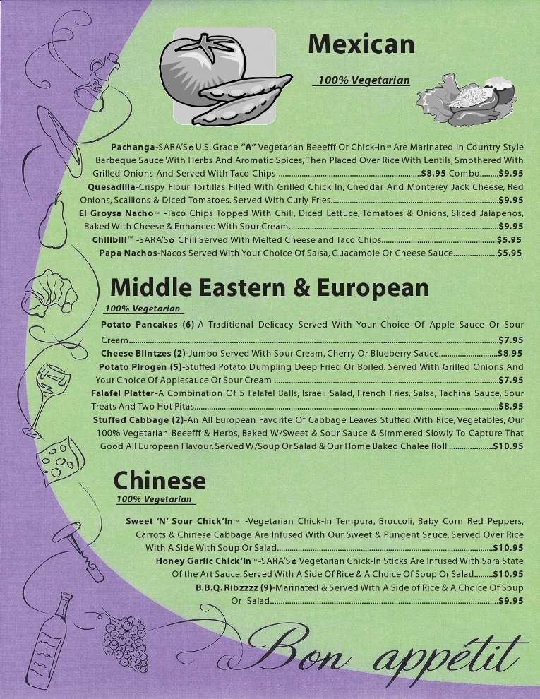 Menu at Sara's pizzeria, Hollywood