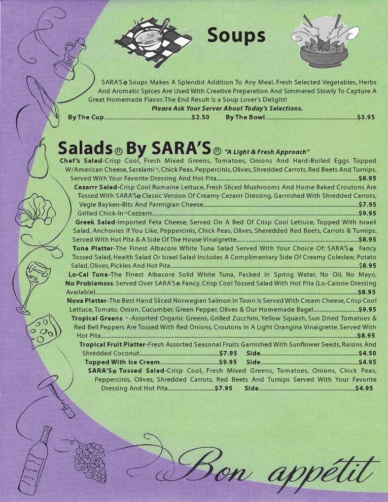 Menu at Sara's pizzeria, Hollywood