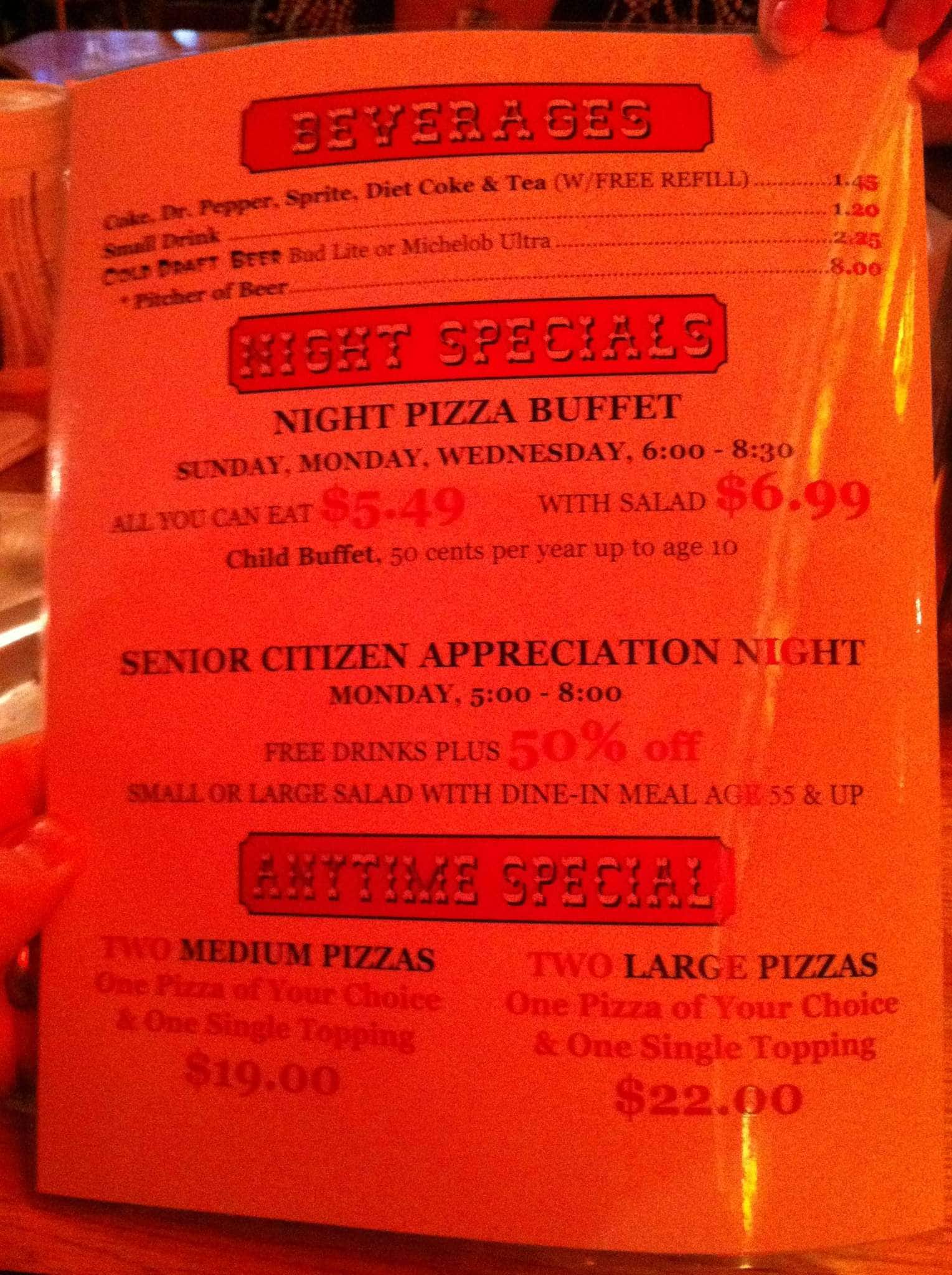 Menu at Big Banjo pizzeria, Dumas, US-65