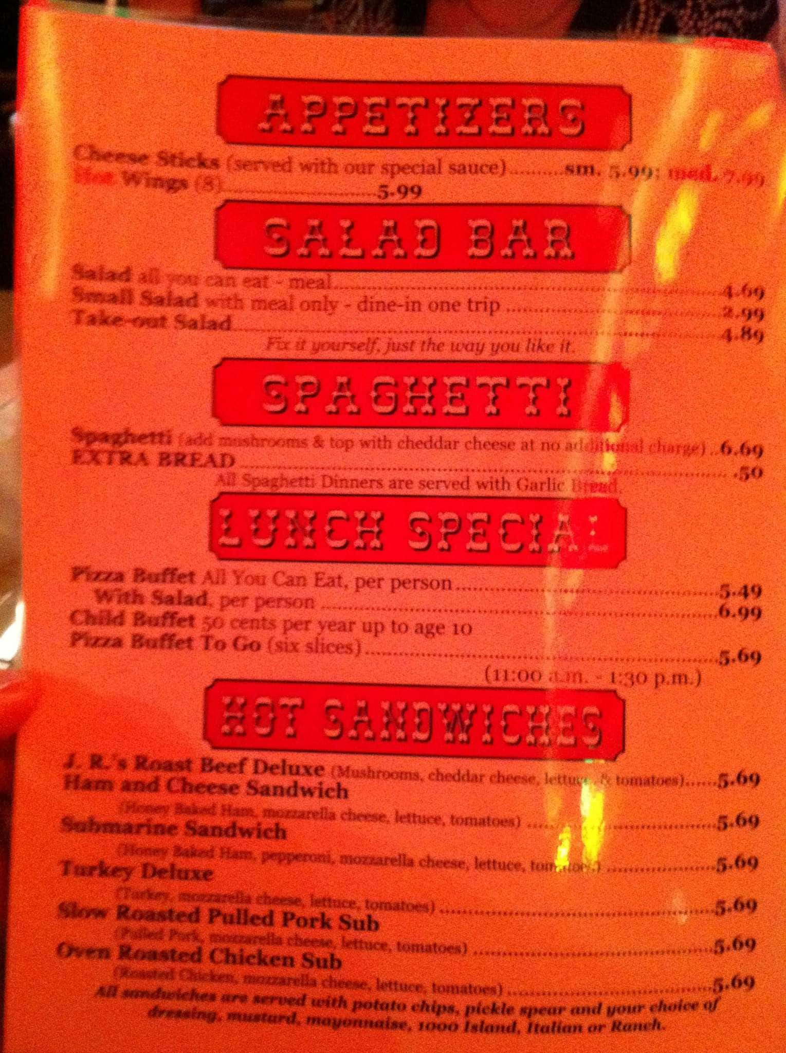 Menu at Big Banjo pizzeria, Dumas, US-65