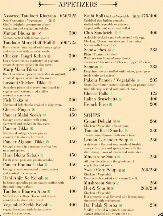 Menu of Raaj Bagh, Fateh Sagar, Udaipur