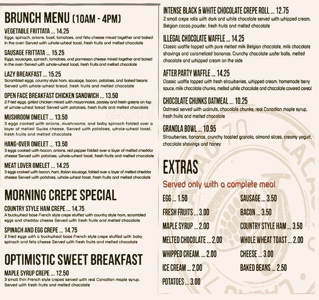 Menu at Cacao 70 restaurant, Toronto, 28 Gristmill Lane