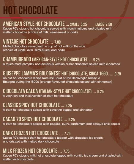 Menu at CACAO 70 Eatery (Distillery) restaurant, Toronto, 28 Gristmill Lane