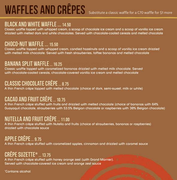 Menu at CACAO 70 Eatery (Distillery) restaurant, Toronto, 28 Gristmill Lane