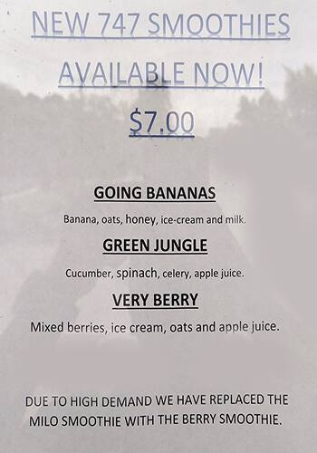 Menu at Cafe 747, Tullamarine