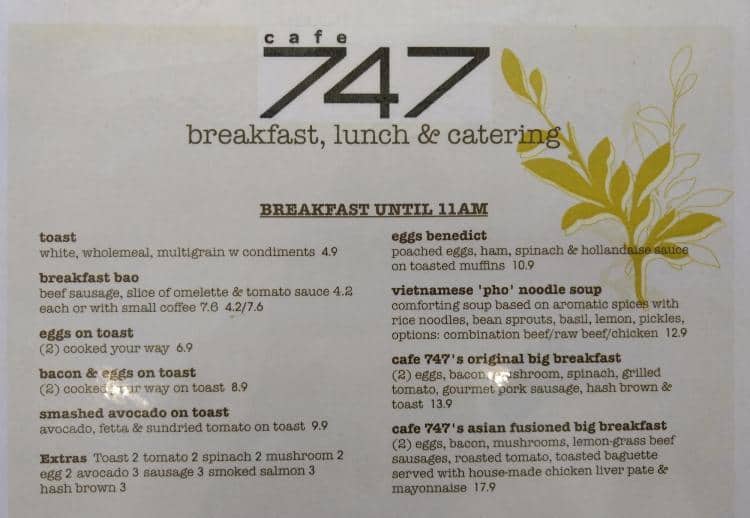 Menu at Cafe 747, Tullamarine