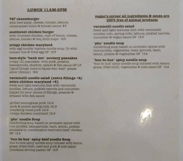 Menu at Cafe 747, Tullamarine