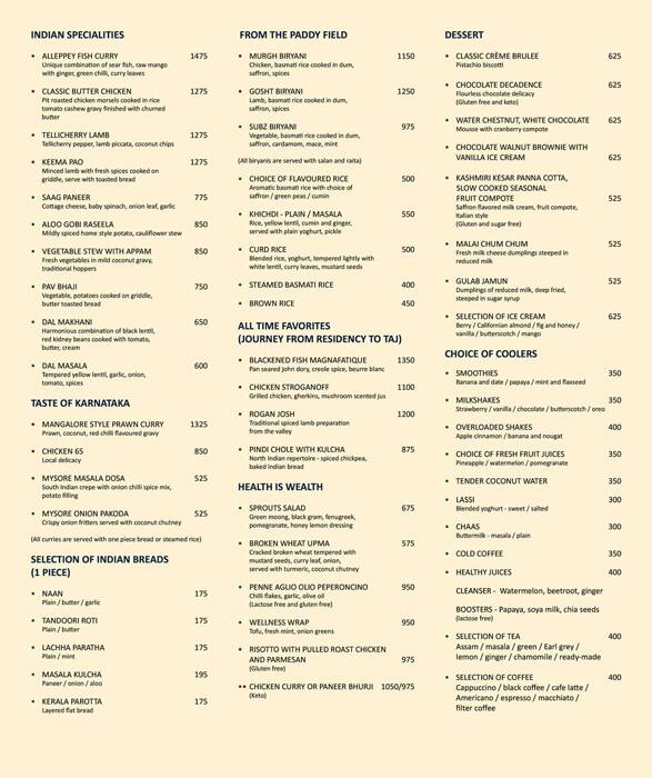 Menu of The Trinity Square - Taj, MG Road, Bangalore