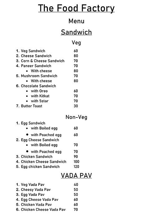 Menu of The Food Factory, Kestopur, Kolkata