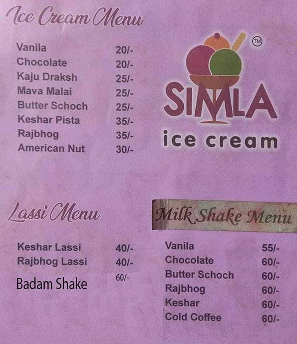Menu of Simla Ice Cream & Cafe, Shahibagh, Ahmedabad