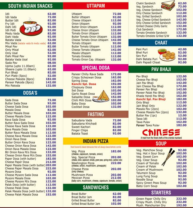 Menu of Kanchi Veg Restaurant, Marol, Mumbai