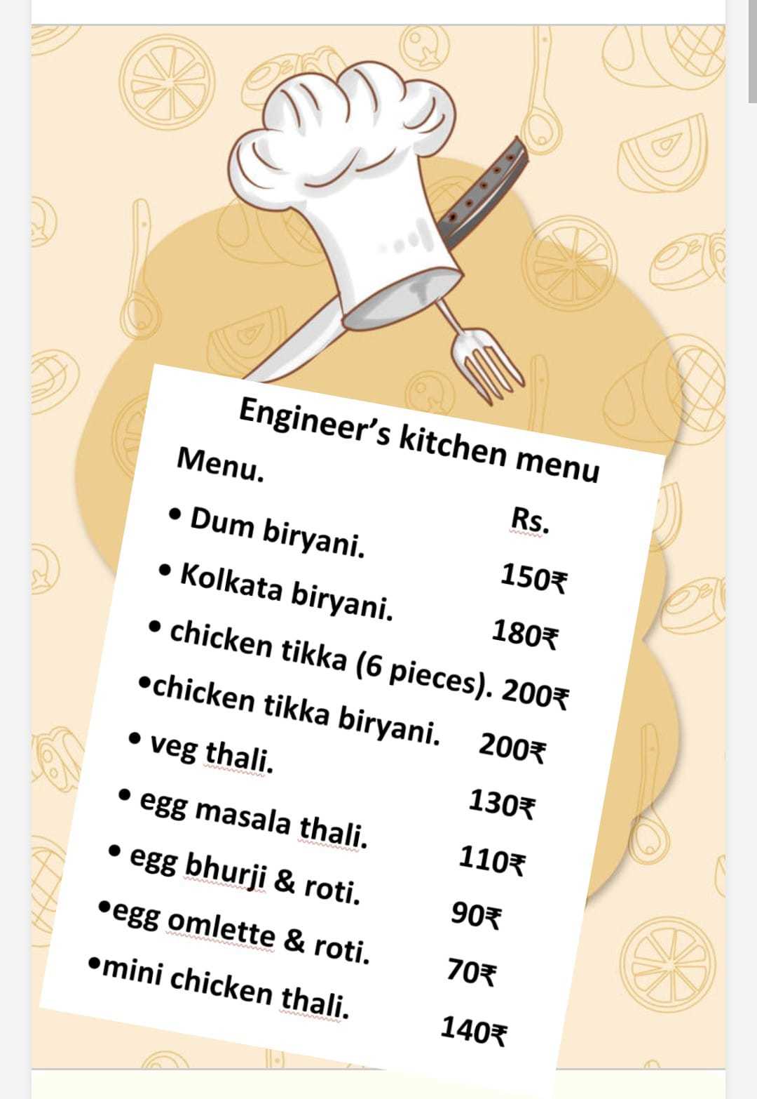 Menu of Engineer's Kitchen, Senapati Bapat Road, Pune