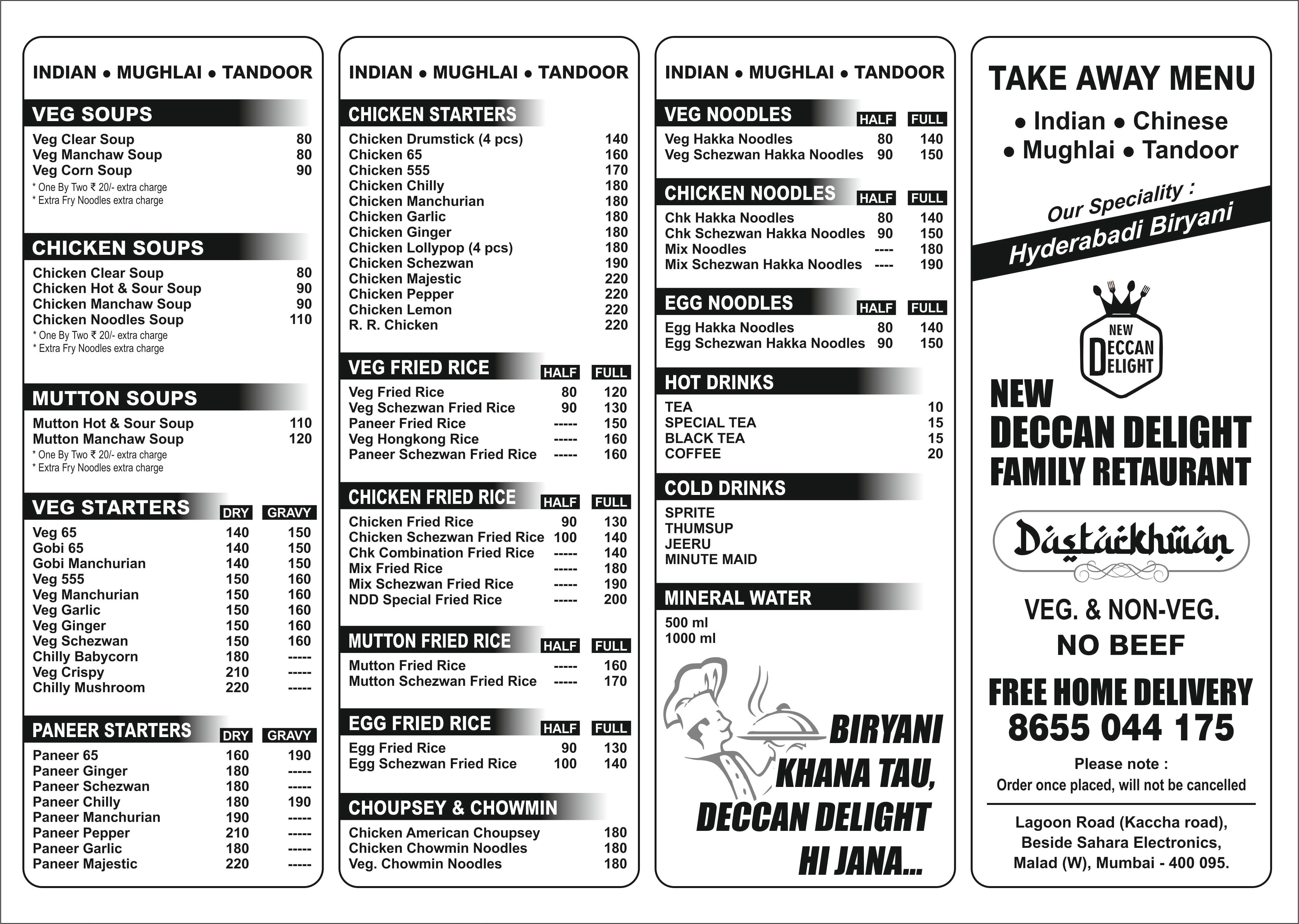 Menu of New Deccan Delight Restaurant, Malad West, Mumbai