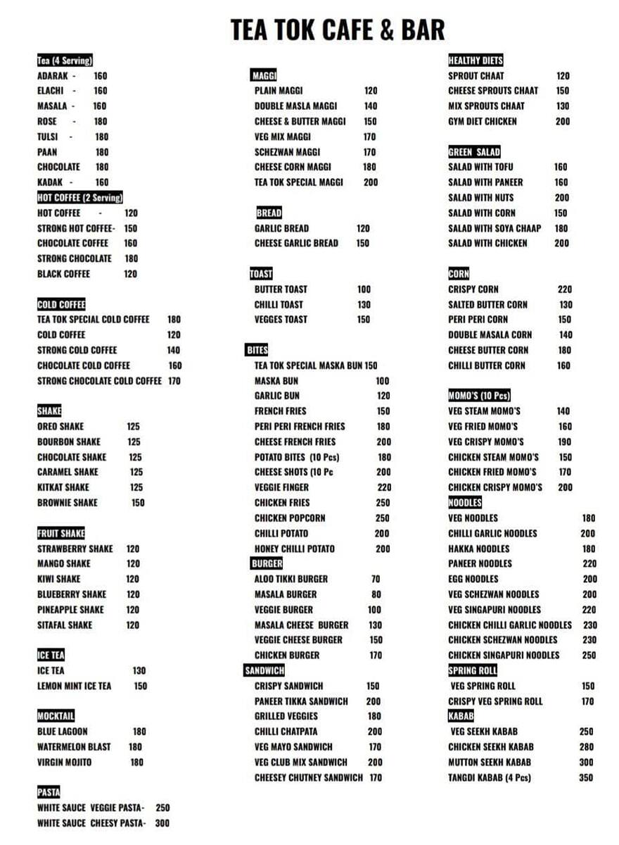 Menu of Tea Tok Cafe & Bar, Sector 10A, Gurgaon