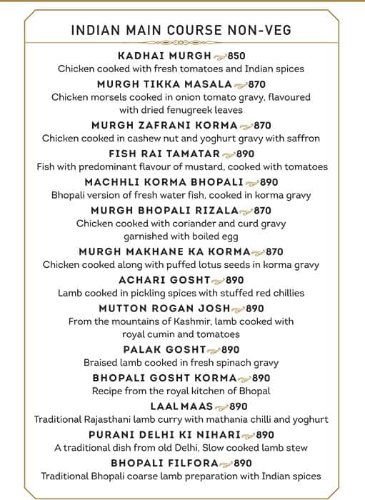 Menu at Under The Mango Tree - Jehan Numa Palace, Bhopal