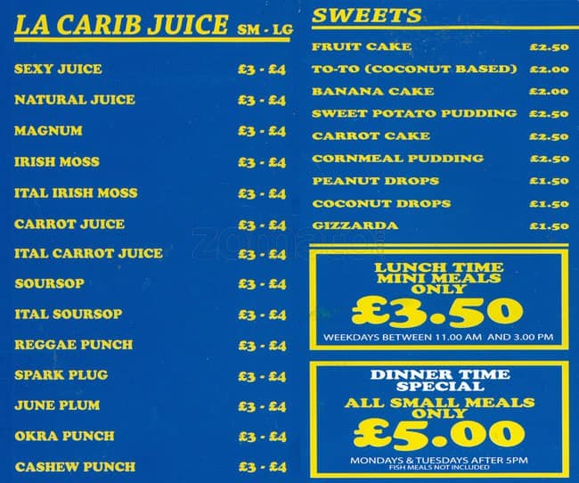 Menu at La Carib Express, Birmingham