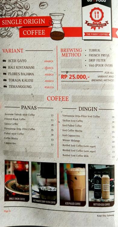 Menu at Kopi Oey cafe, North Jakarta, Taman Impian Jaya