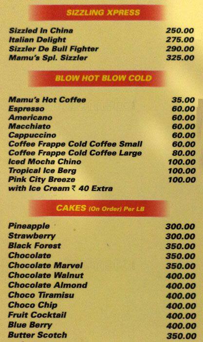 Menu at Mamu's Cafe, Jaipur, WQ2V+XJ7