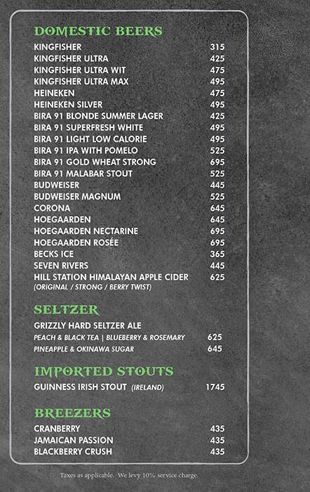 Menu of The Irish House, Viman Nagar, Pune