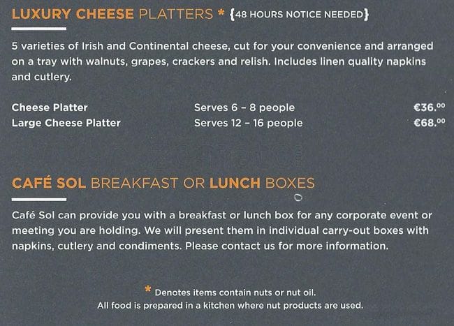 Menu at Cafe Sol, Dublin, 46 Baggot Street Lower