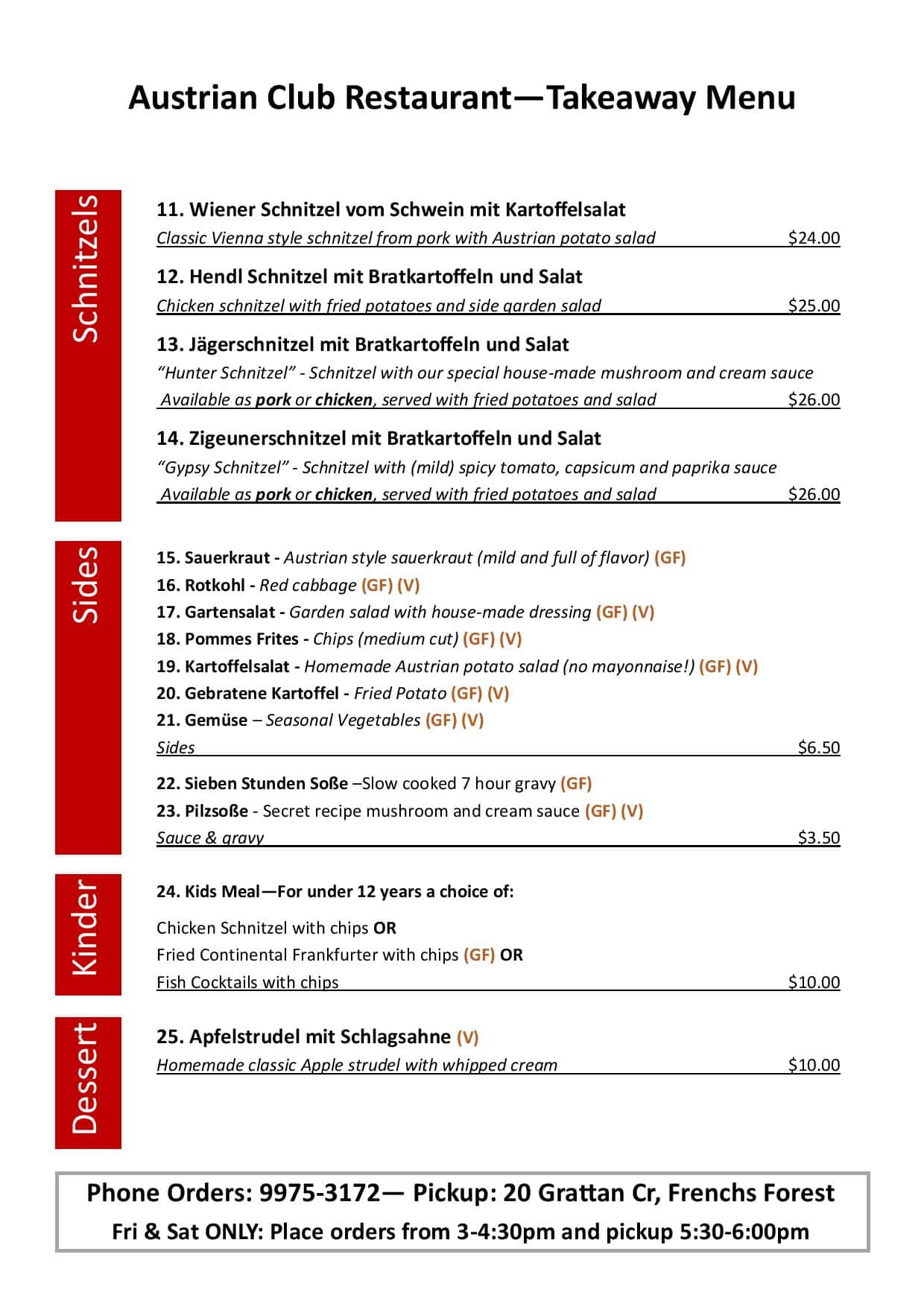 Menu at Austrian Club Sydney, Frenchs Forest, 20 Grattan Cres