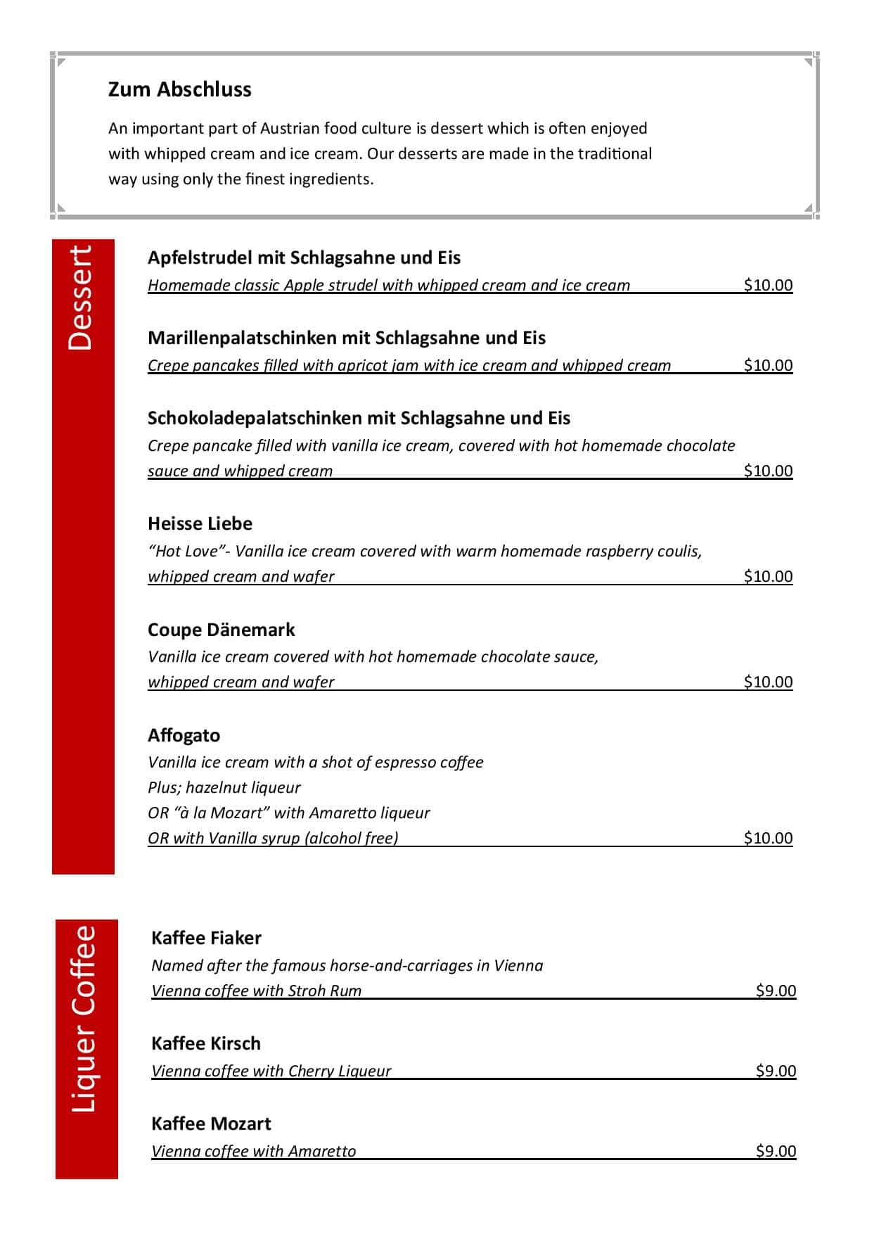 Menu at Austrian Club Sydney, Frenchs Forest, 20 Grattan Cres