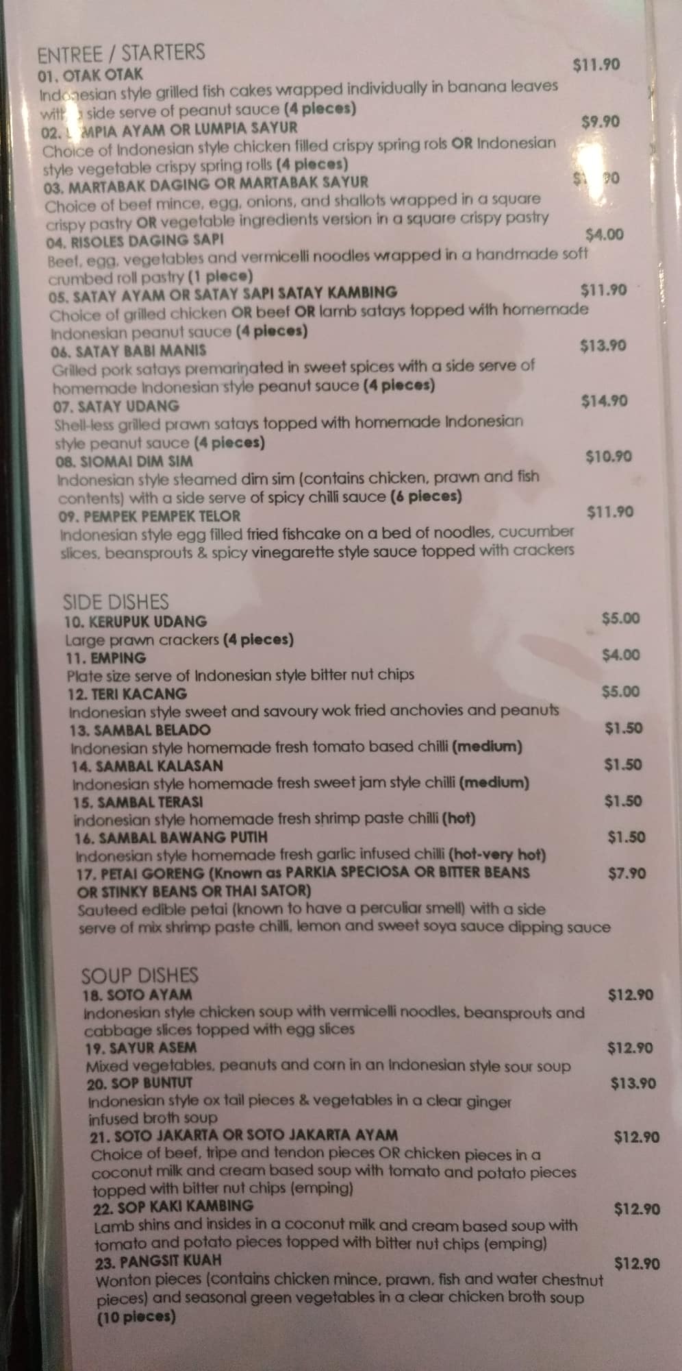 Menu at Java restaurant, Randwick