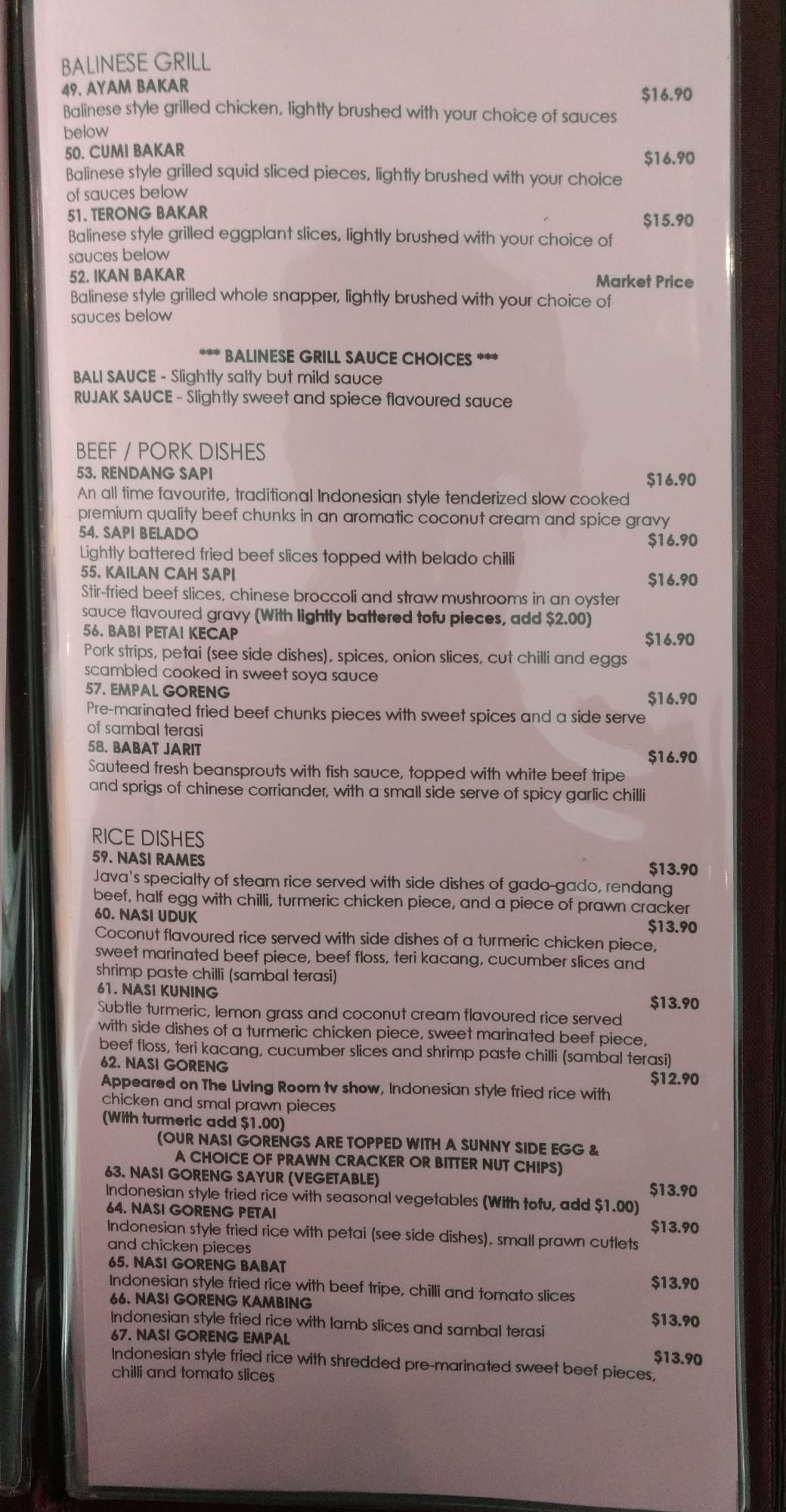 Menu at Java restaurant, Randwick