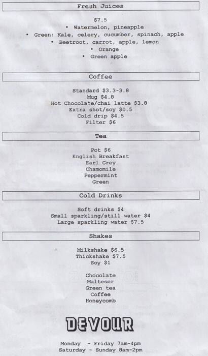 Menu at Devour Cafe Patisserie, Adelaide, 52 Davenport Terrace