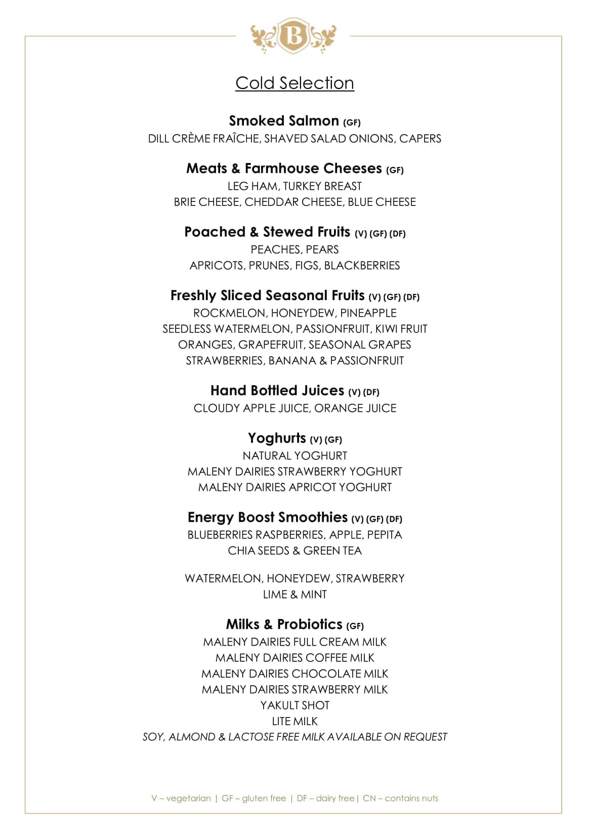 Menu at Bacchus restaurant, South Brisbane, Podium Level