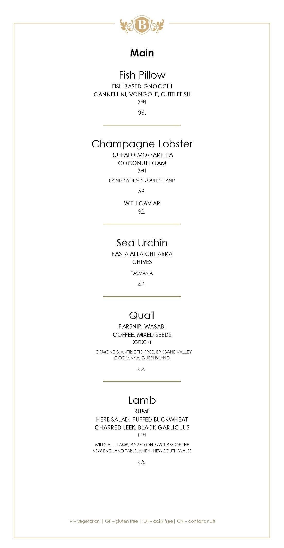 Menu at Bacchus restaurant, South Brisbane, Podium Level