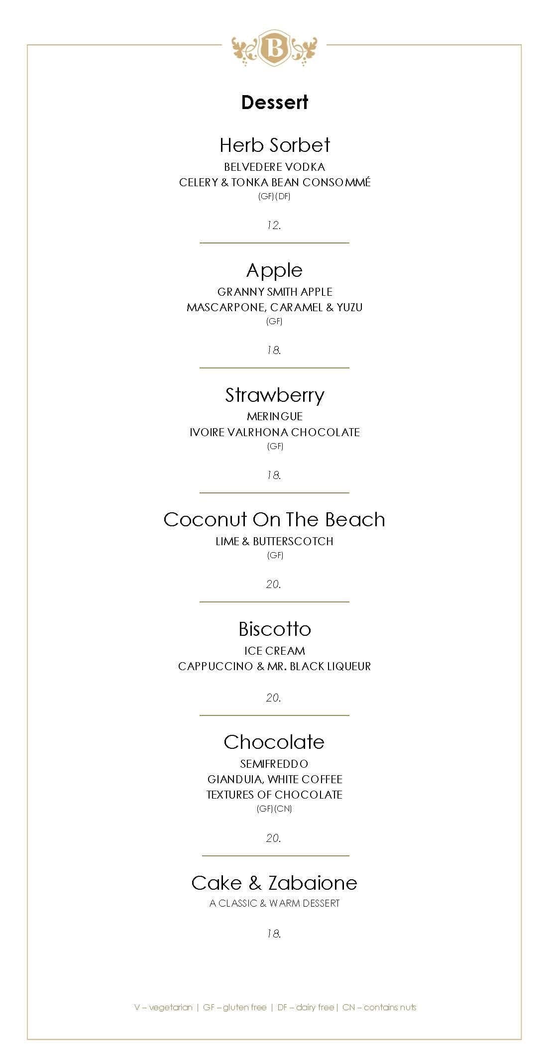 Menu at Bacchus restaurant, South Brisbane, Podium Level