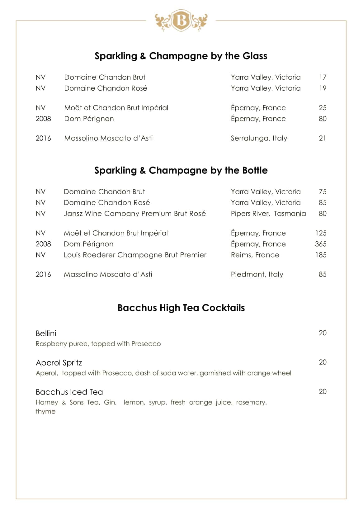 Menu at Bacchus restaurant, South Brisbane, Podium Level