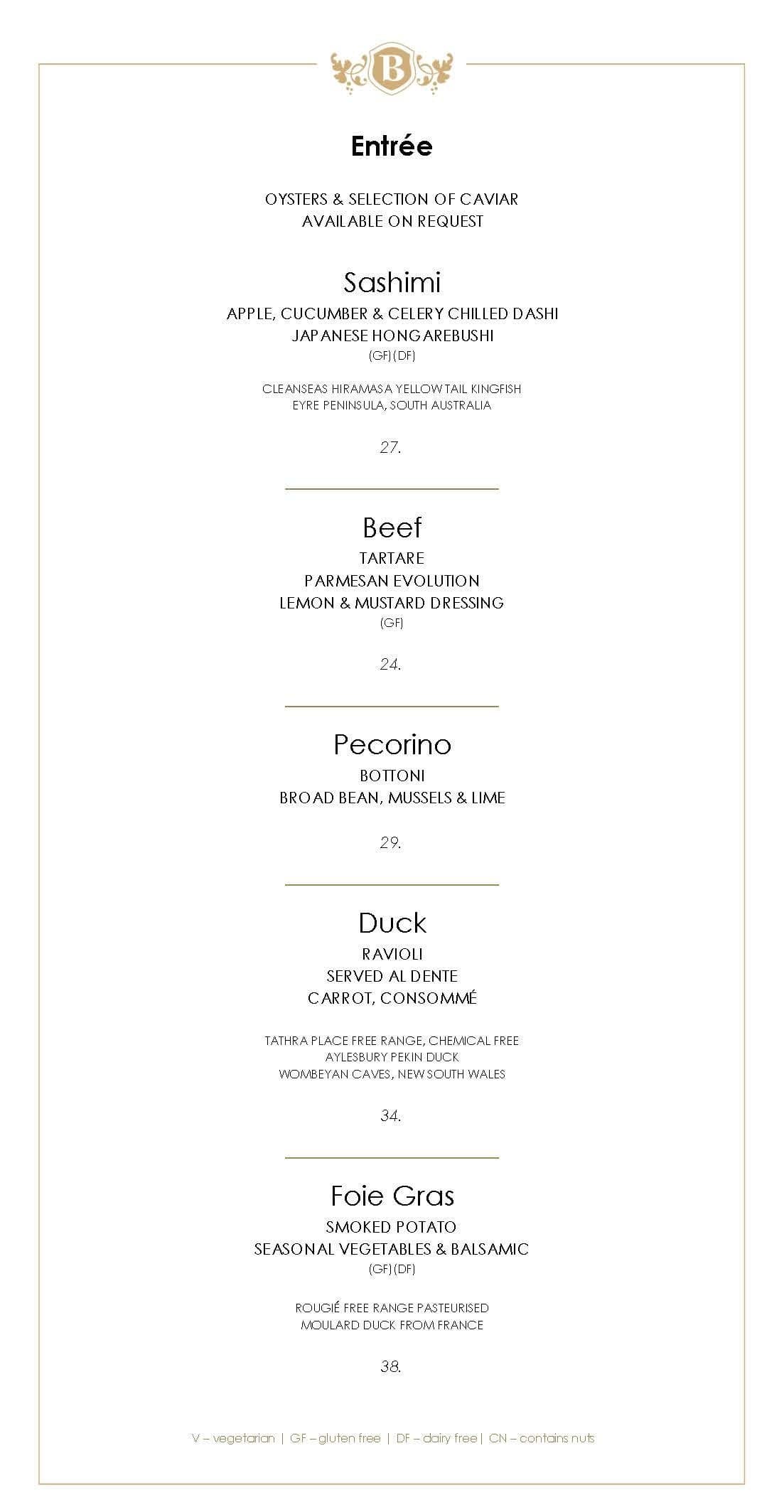 Menu at Bacchus restaurant, South Brisbane, Podium Level