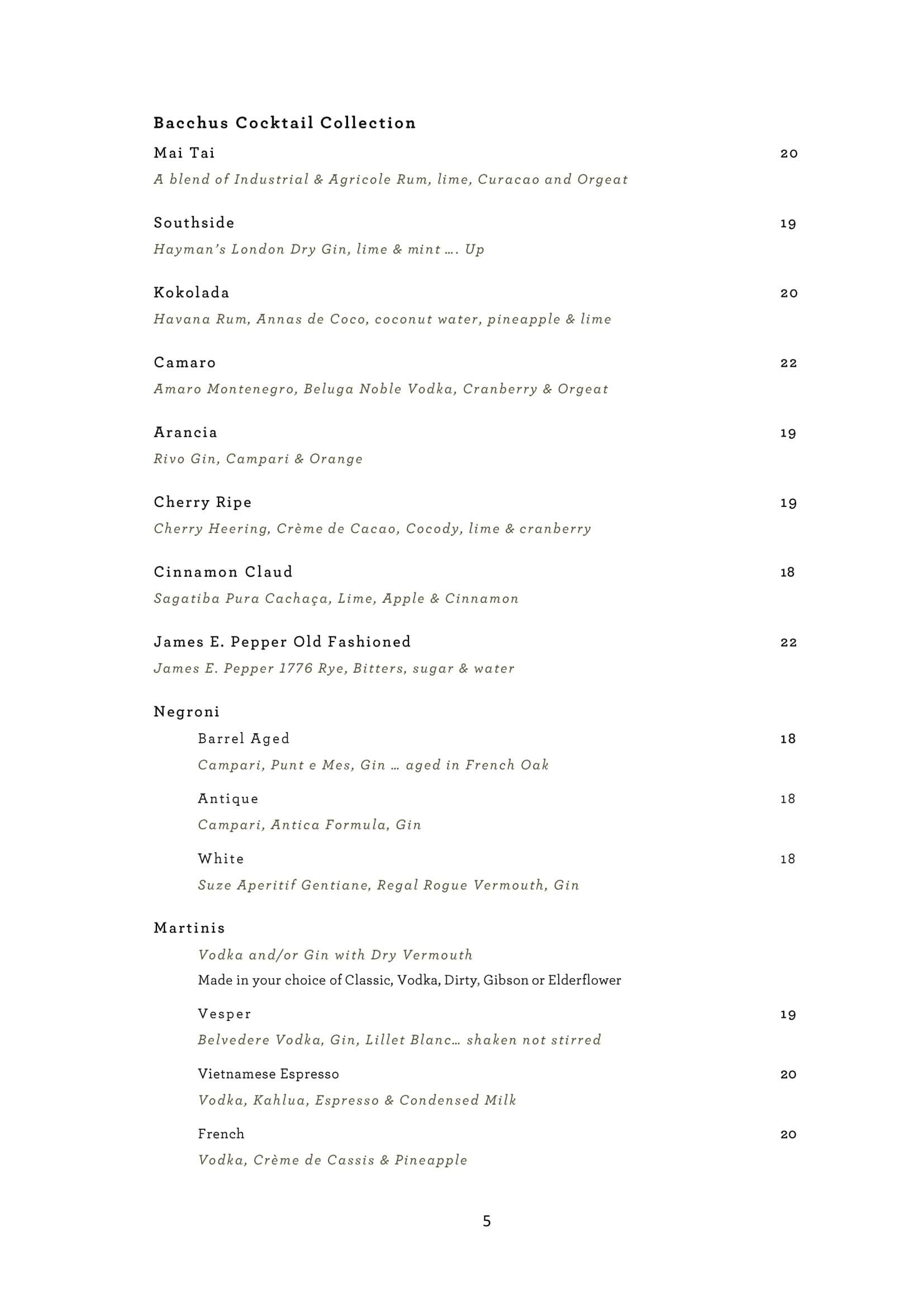 Menu at Bacchus restaurant, South Brisbane, Podium Level