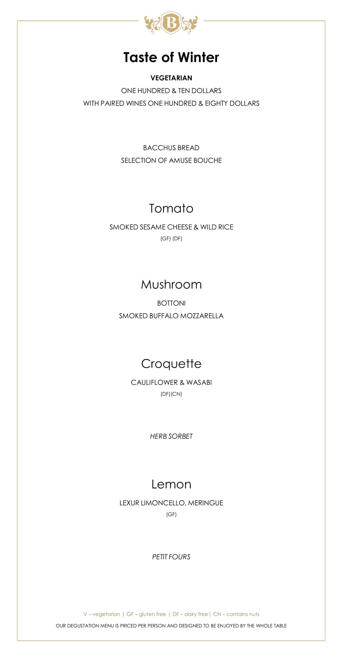 Menu at Bacchus restaurant, South Brisbane, Podium Level