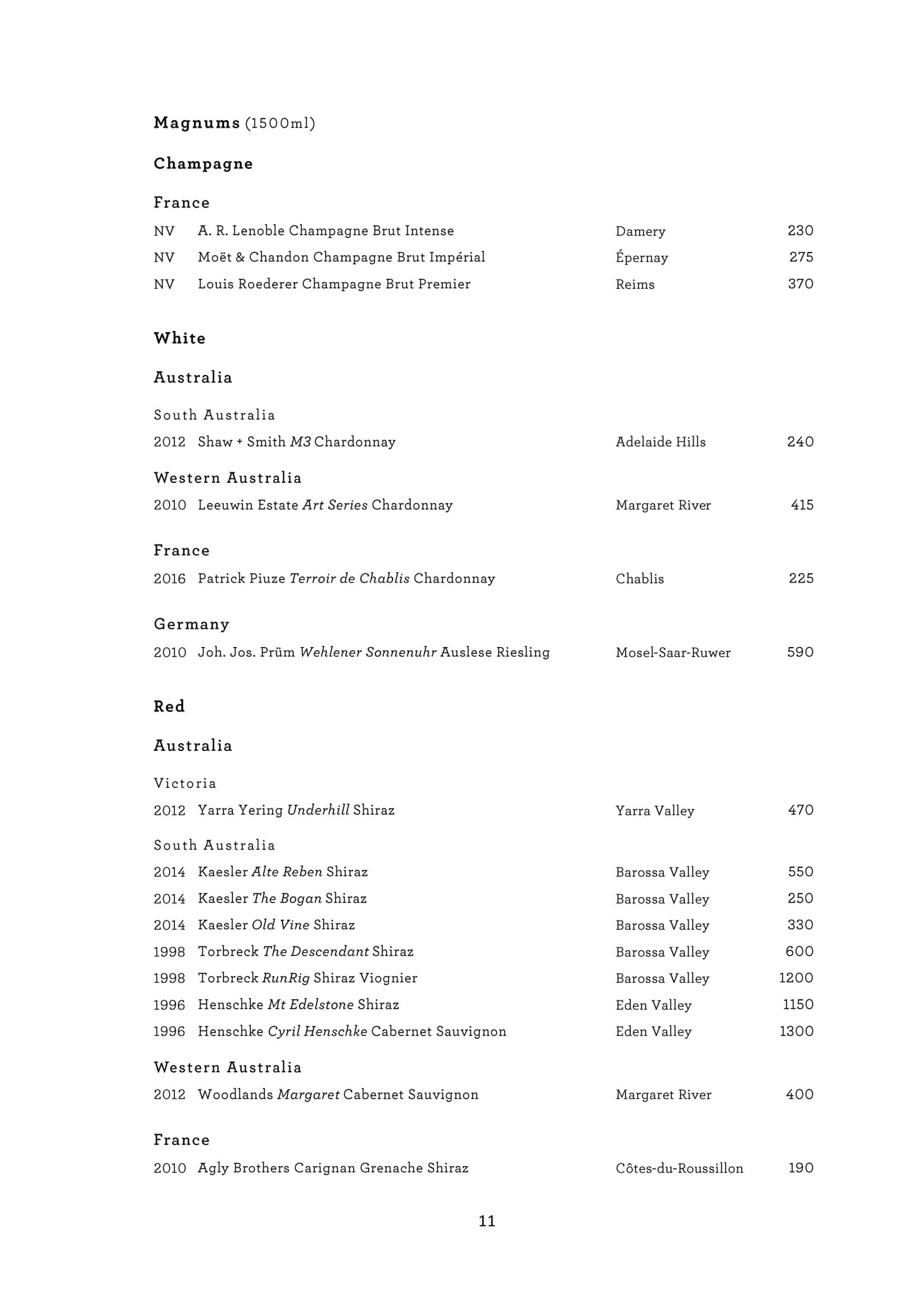 Menu at Bacchus restaurant, South Brisbane, Podium Level