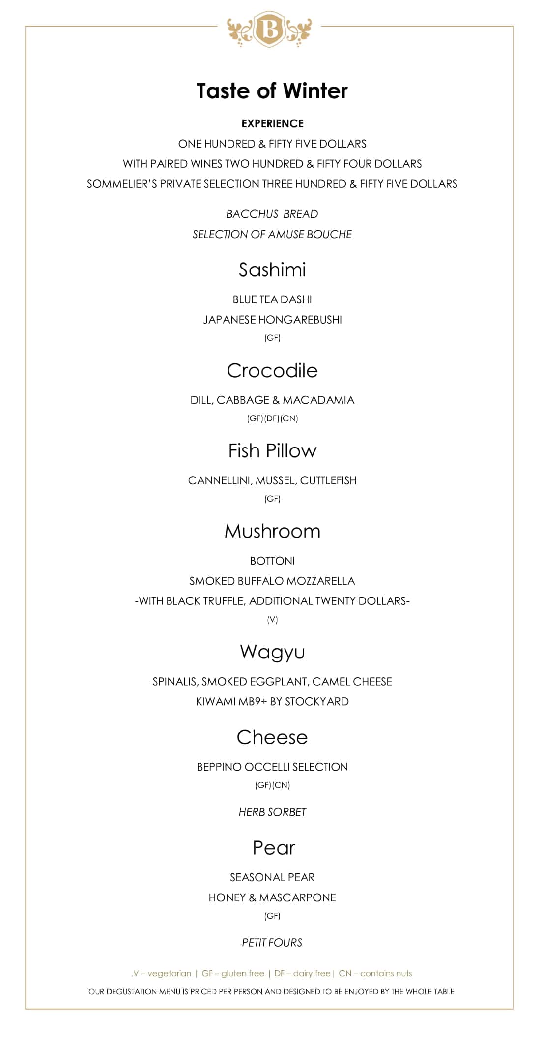 Menu at Bacchus restaurant, South Brisbane, Podium Level