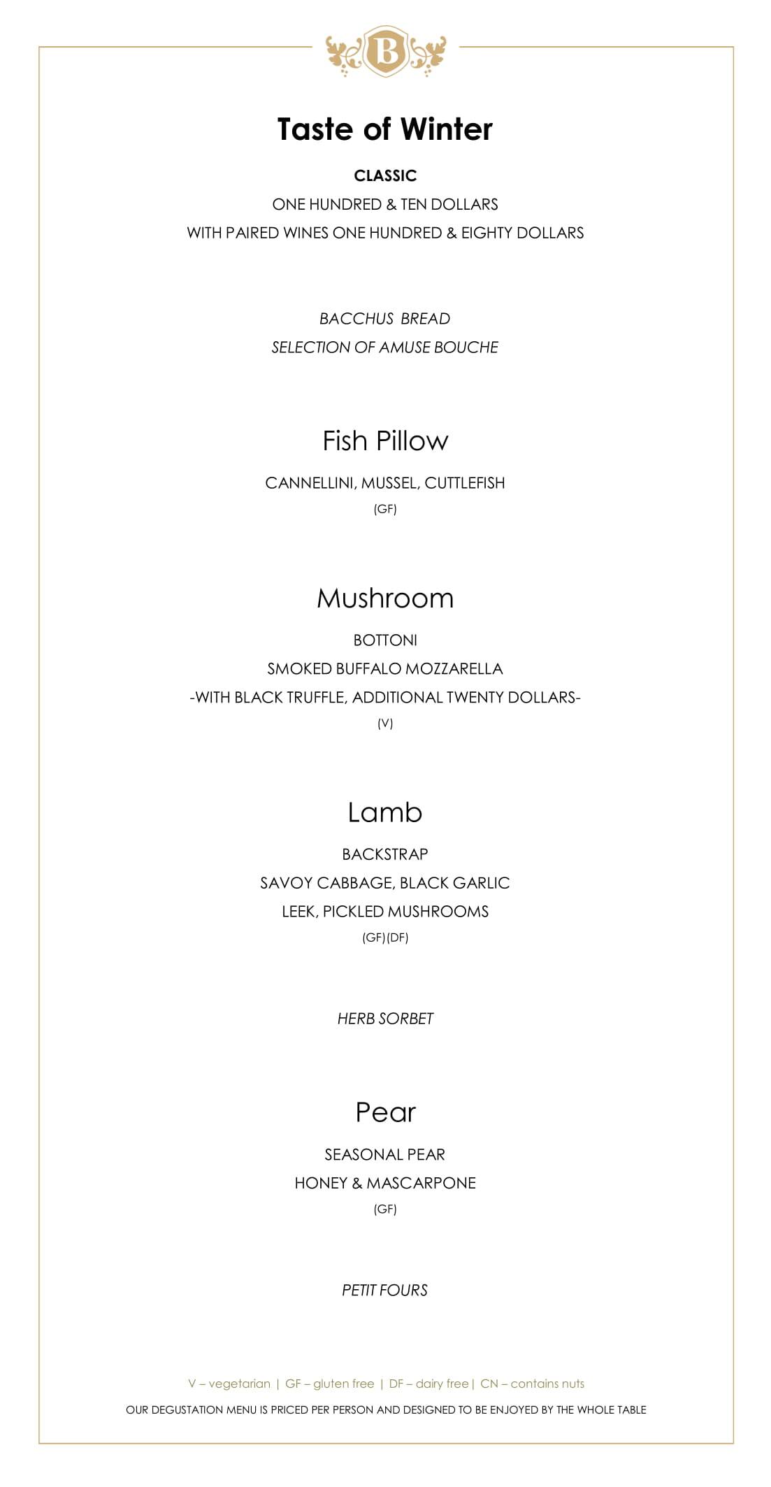 Menu at Bacchus restaurant, South Brisbane, Podium Level