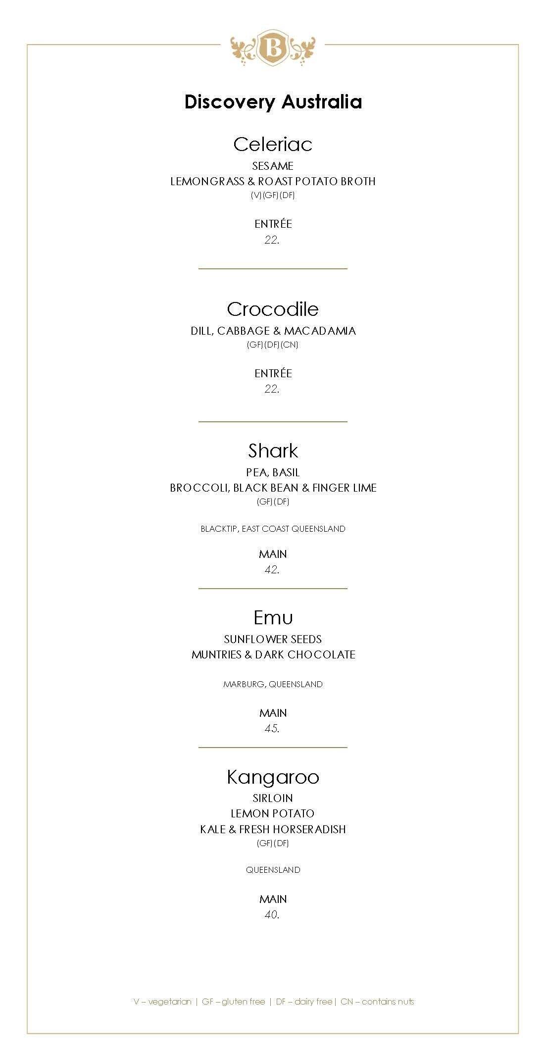 Menu at Bacchus restaurant, South Brisbane, Podium Level