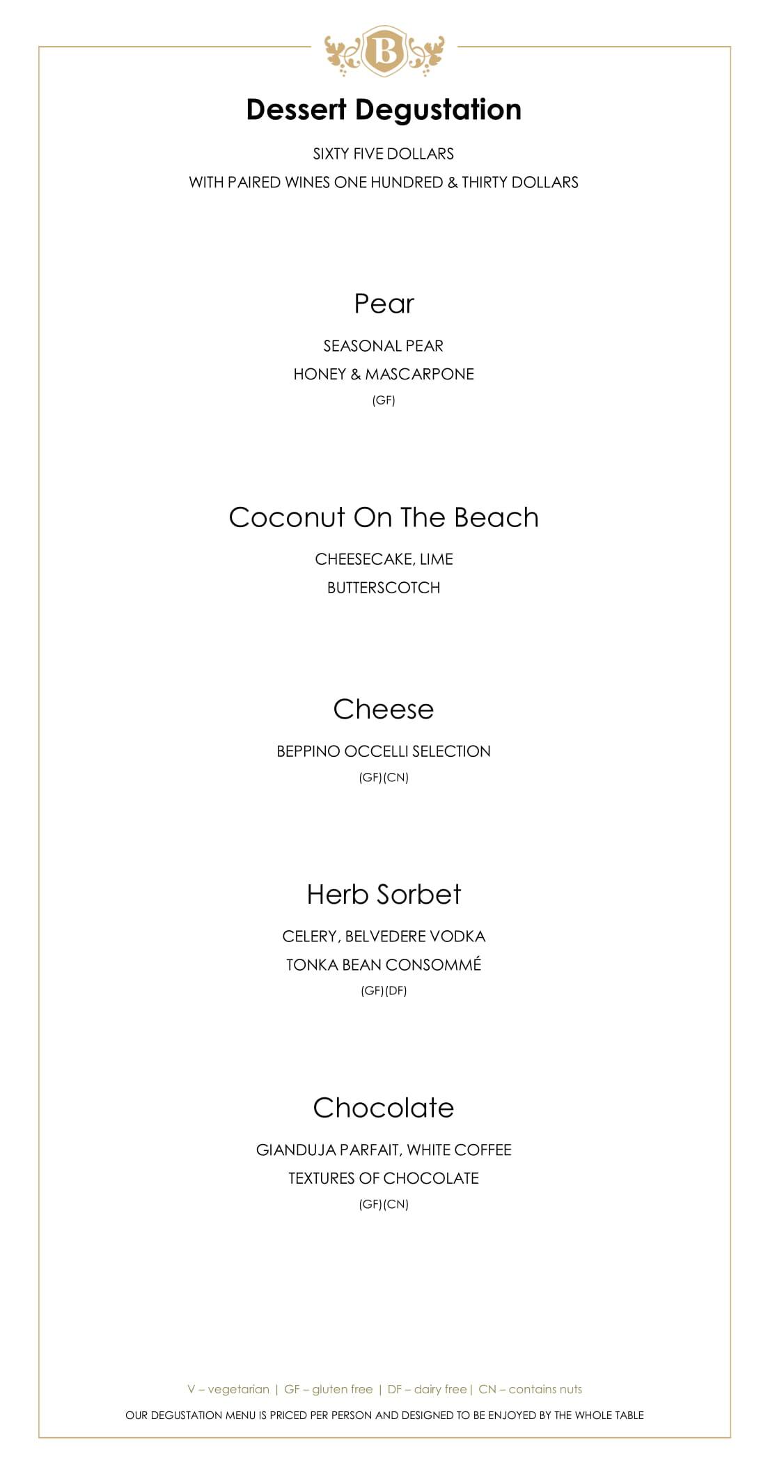 Menu at Bacchus restaurant, South Brisbane, Podium Level