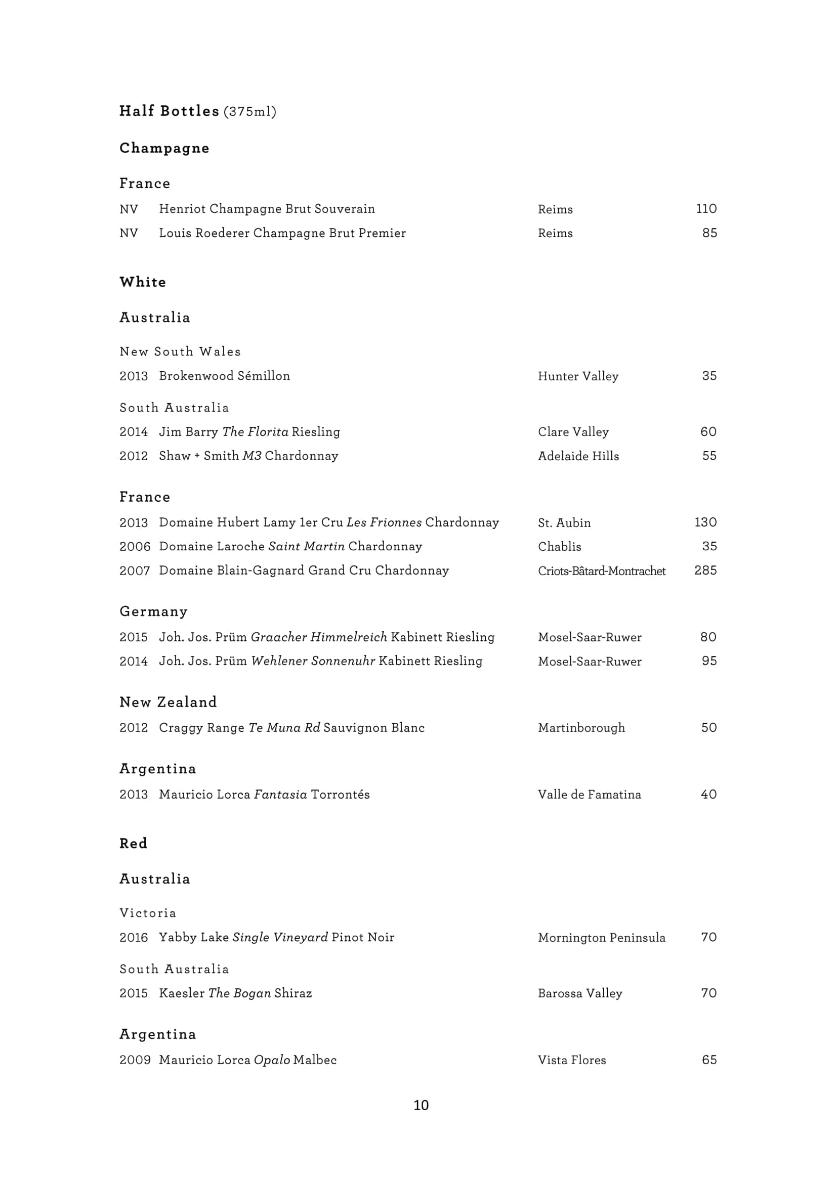 Menu at Bacchus restaurant, South Brisbane, Podium Level